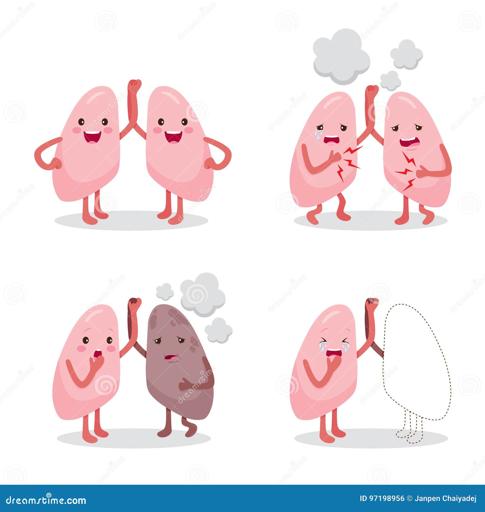 Lungs Healthy And Sickness Set, Cartoon Character, Human Internal Organ ... Lungs Healthy And Sickness Set, Cartoon Character, Human Internal Organ ...