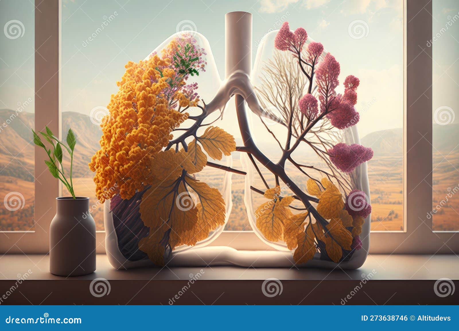 Lungs Made from Flowers in Vase, with View of Tranquil Landscape ...