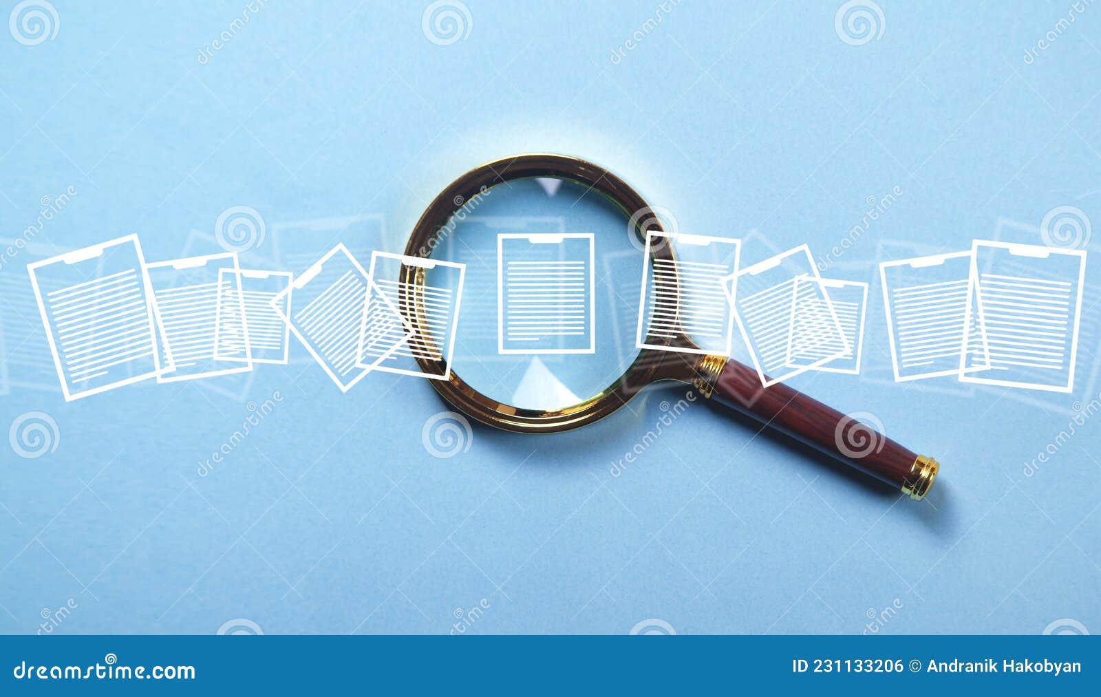 Lupa Con Documentos Sobre El Fondo Azul Stock de ilustración ...