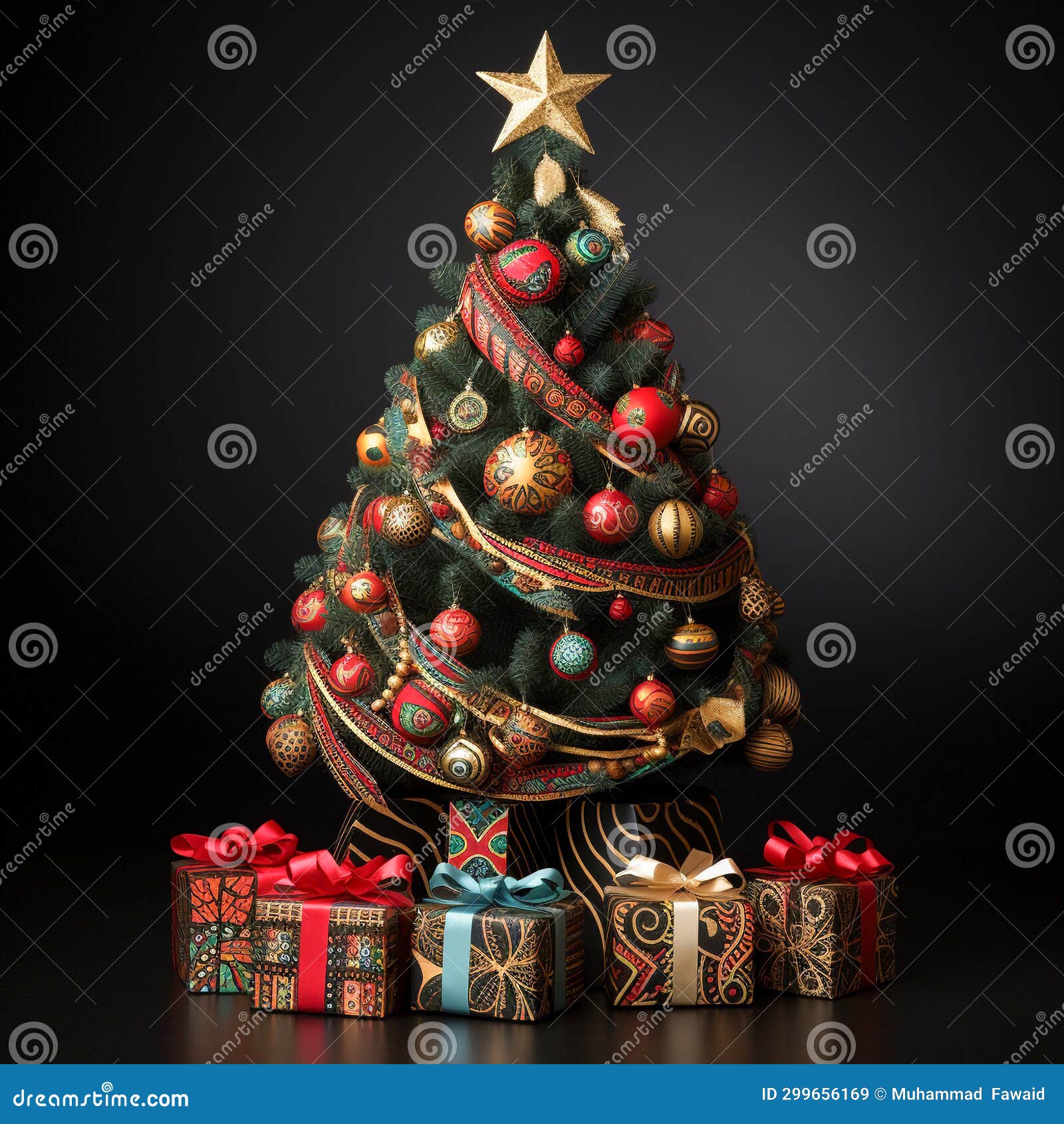 Lush Christmas Tree Decorated with Gift Boxes Stock Illustration ...