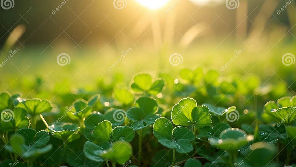 Lush Clover Patch with Dew Drops in Sunlit Meadow Stock Illustration ...