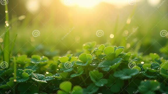 Lush Clover Patch with Dew Drops in Sunlit Meadow Stock Illustration ...
