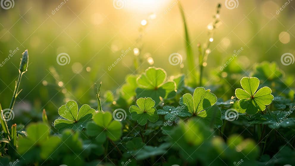 Lush Clover Patch with Dew Drops in Sunlit Meadow Stock Illustration ...