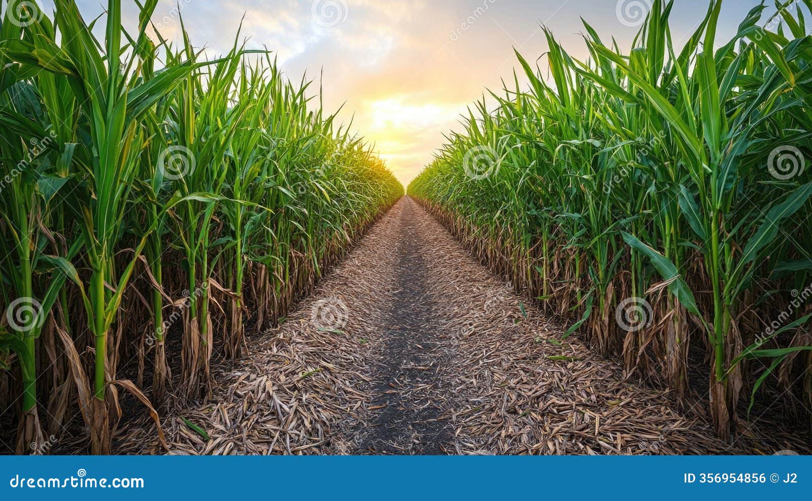 Lush Cornfield Rows at Sunrise with a Clear Pathway Stock Photo - Image ...