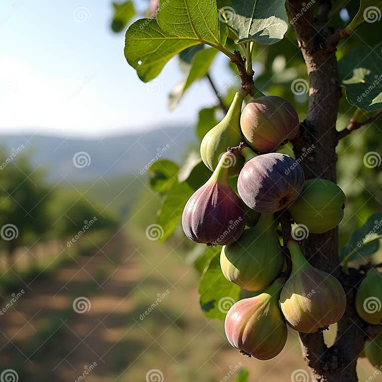 Lush Fig Tree Orchard with Ripe Fruit and Rolling Hills in Background ...