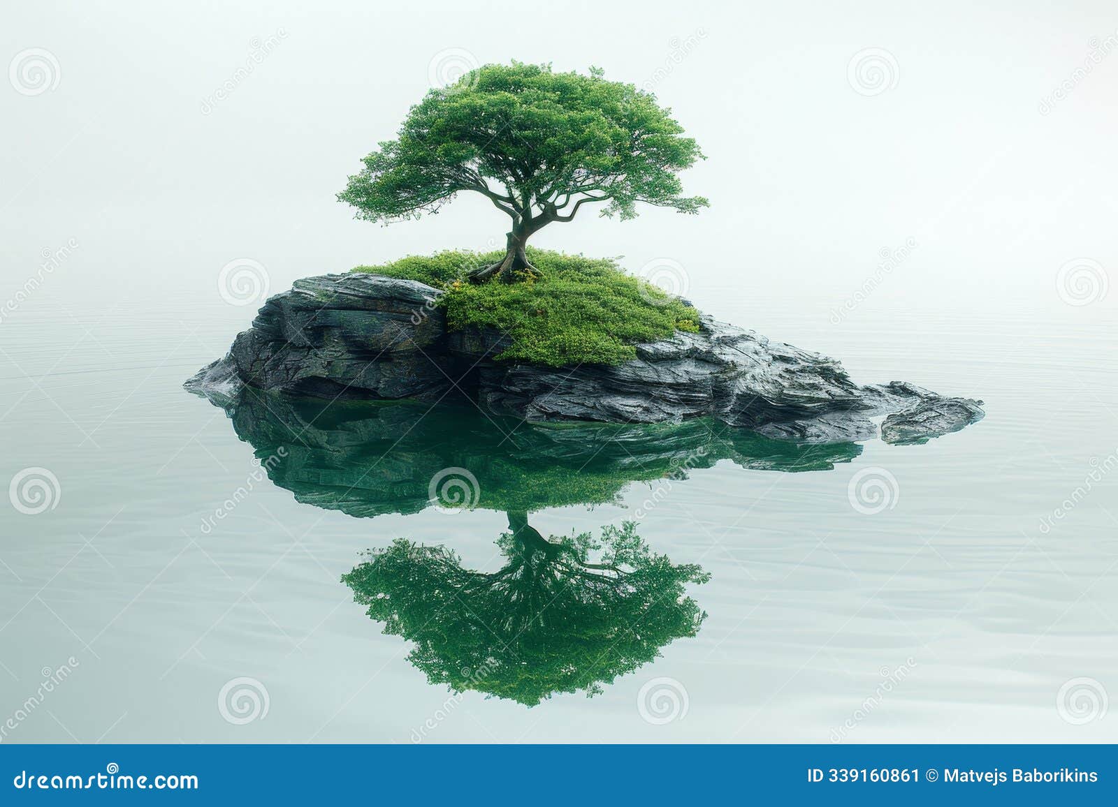 A Lush Floating Green Tree with Root System Extending Downward Against ...