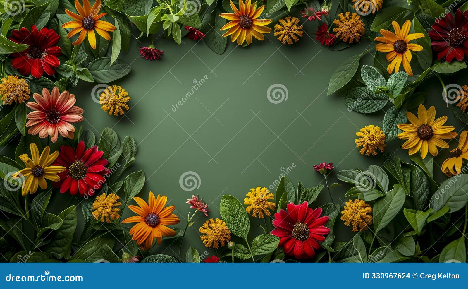Lush Floral Frame with Vibrant Blooms on Green Stock Illustration ...