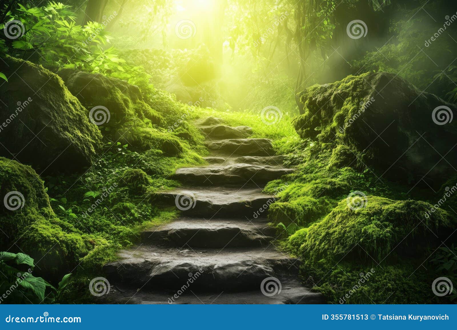 Lush Forest Pathway Leading To Sunlight, Moss-covered Stones, Vibrant ...