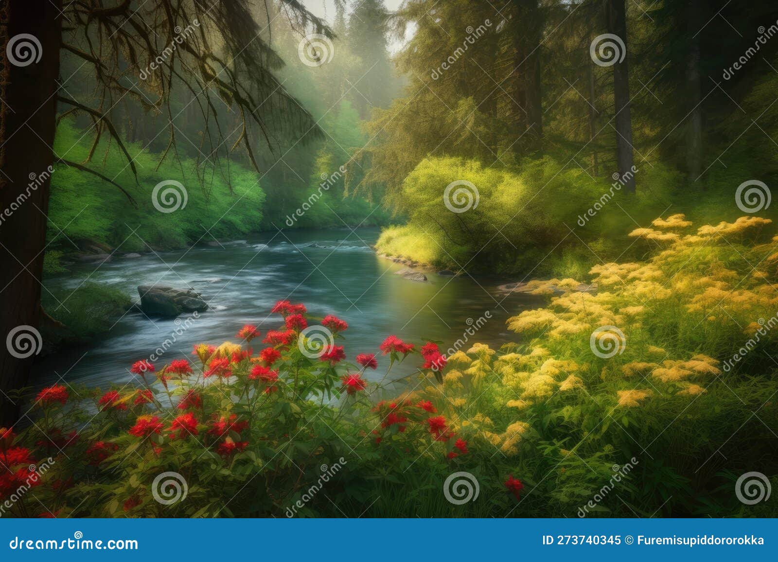 A Lush Forest with Towering Trees, Bright Flowers, and a Gently Flowing ...