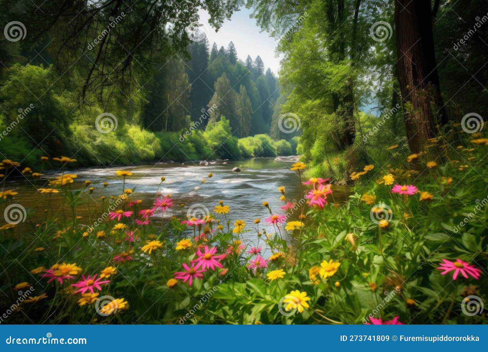 A Lush Forest with Towering Trees, Bright Flowers, and a Gently Flowing ...