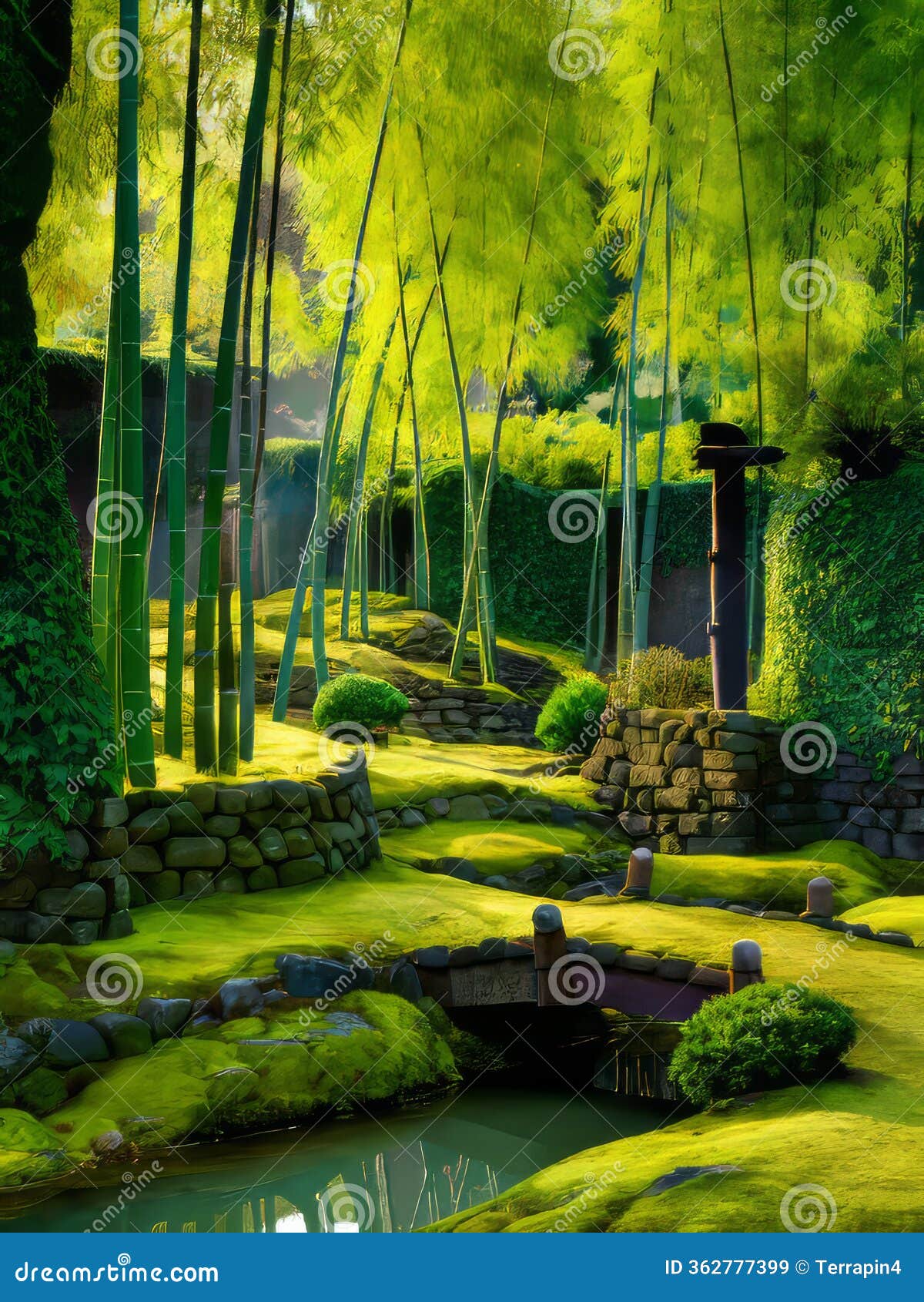 Lush Garden With Tall Bamboo Stalks And Stone Pathways Royalty-Free ...