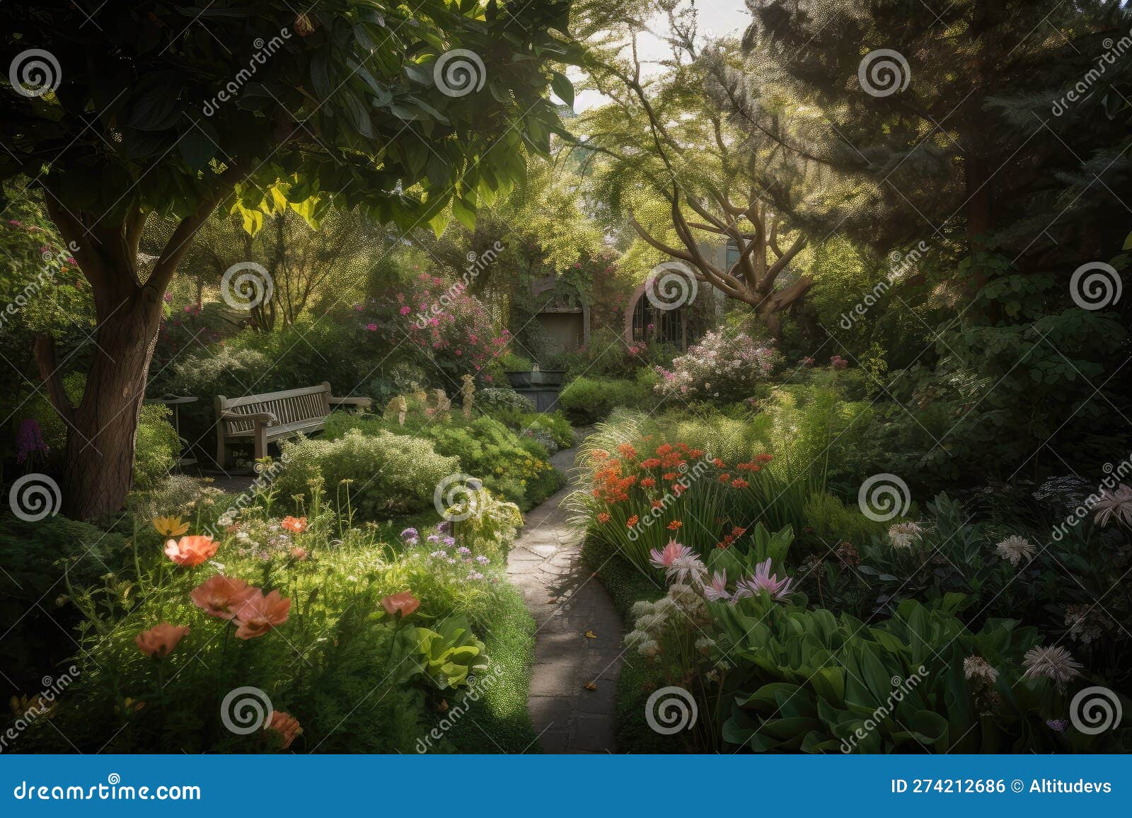 Lush Garden with Vibrant Blooms, Surrounded by Towering Trees Stock ...