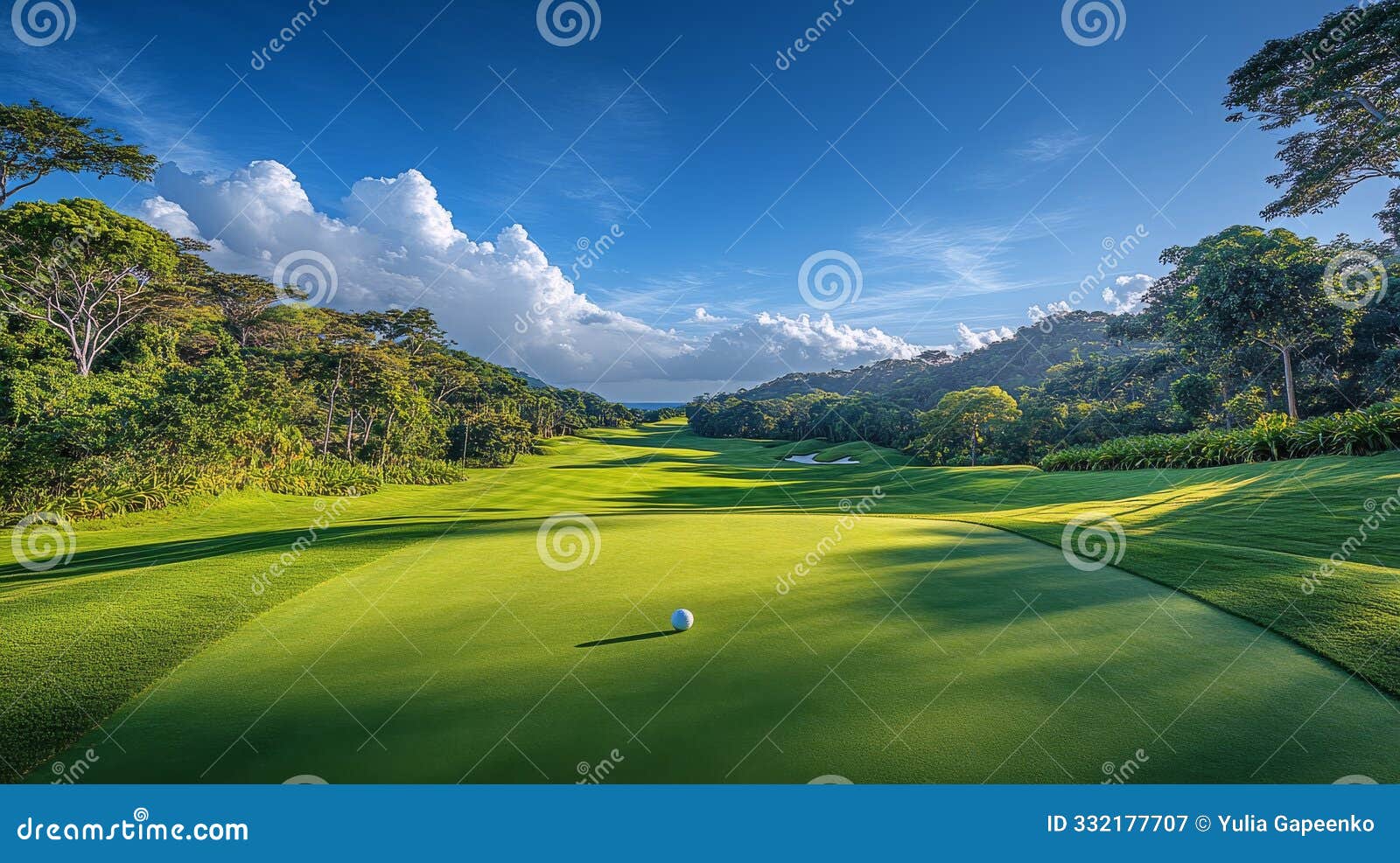 Lush Golf Course Landscape Under a Blue Sky with Fluffy Clouds and ...
