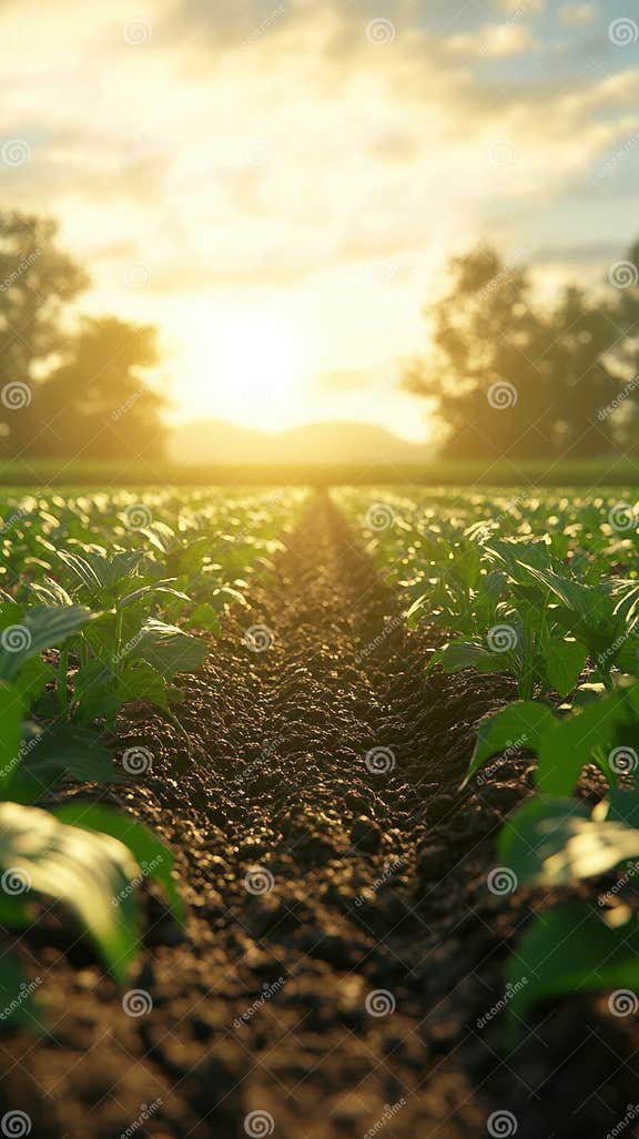 Lush Green Crops Growing in Rows at Sunset Stock Illustration ...
