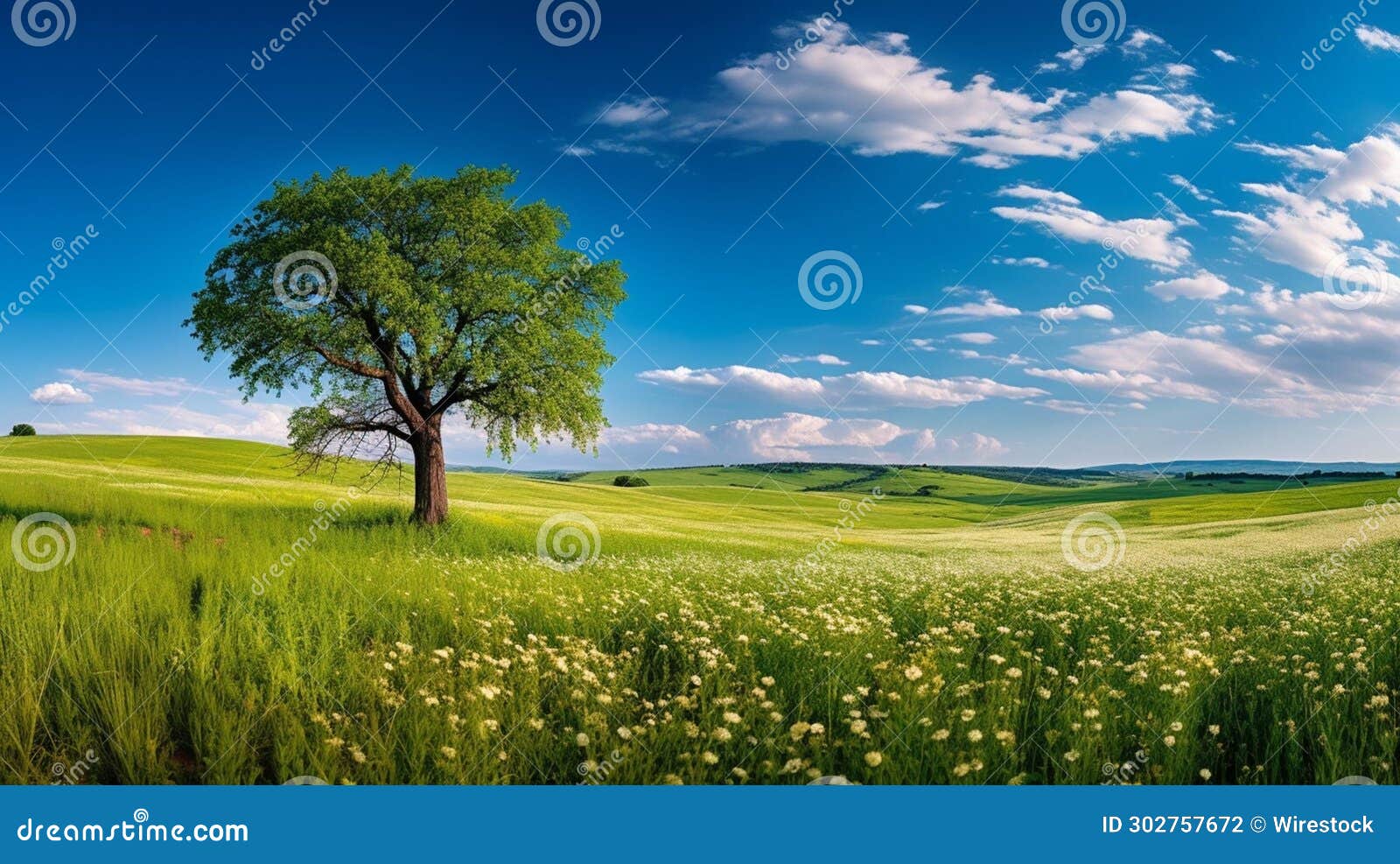 Lush Green Field of Grass Dotted with a Single Tree, AI-generated ...