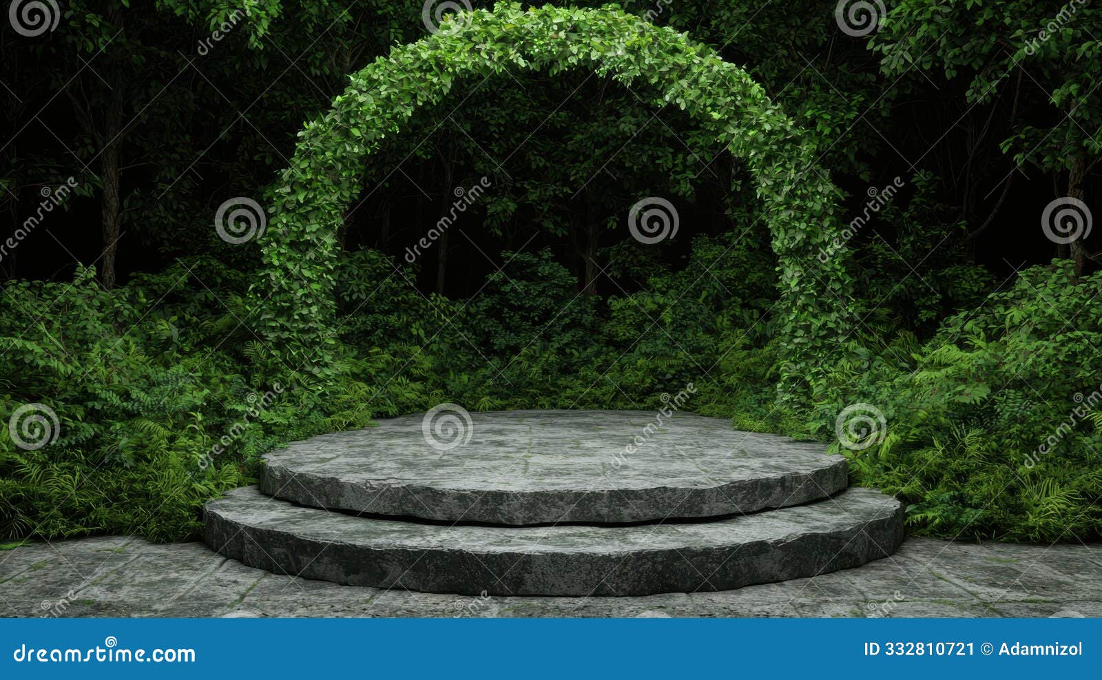 Lush Green Forest Archway with Stone Platform Stock Illustration ...
