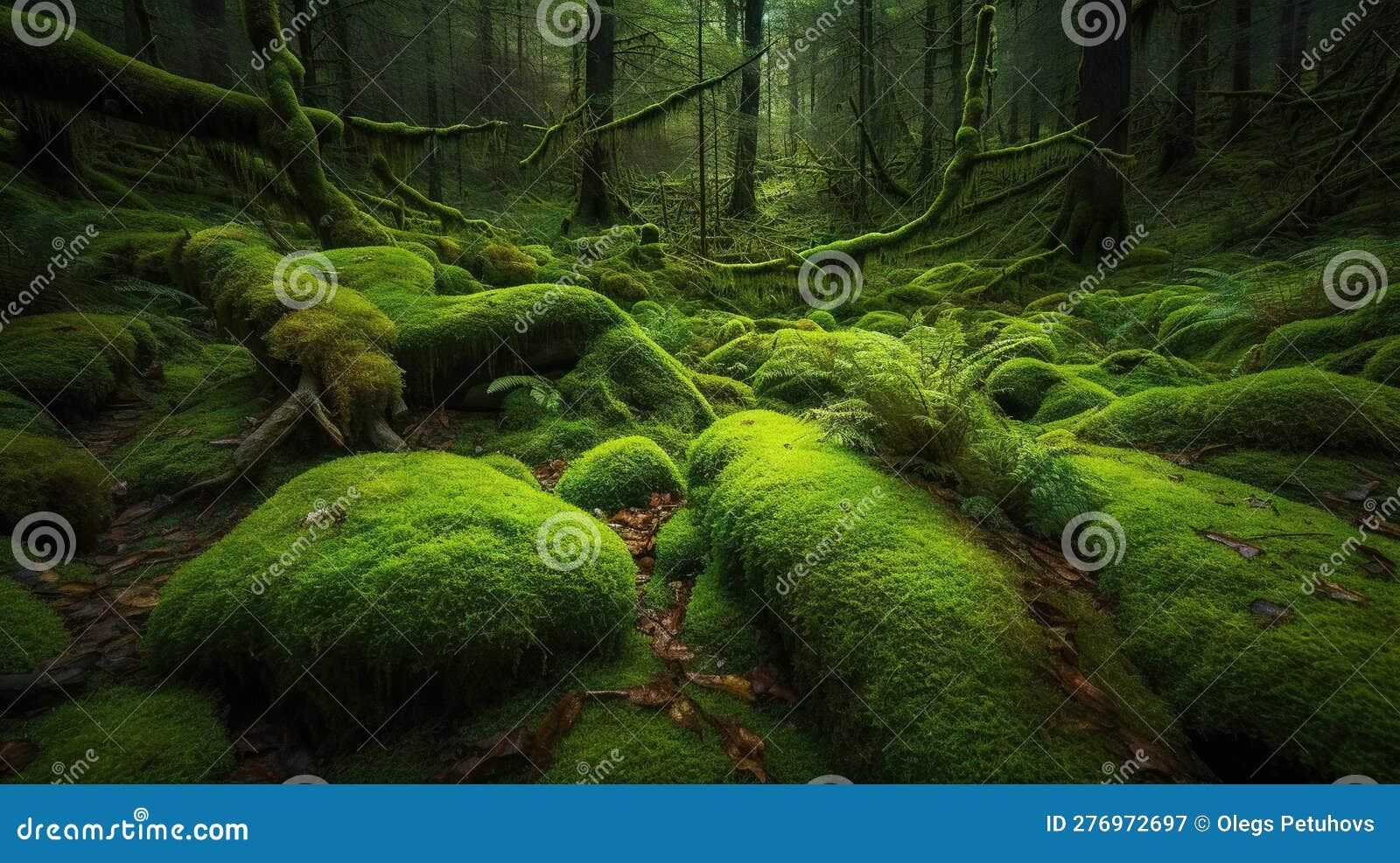 A Lush Green Forest Filled with Lots of Moss Covered Trees Stock ...