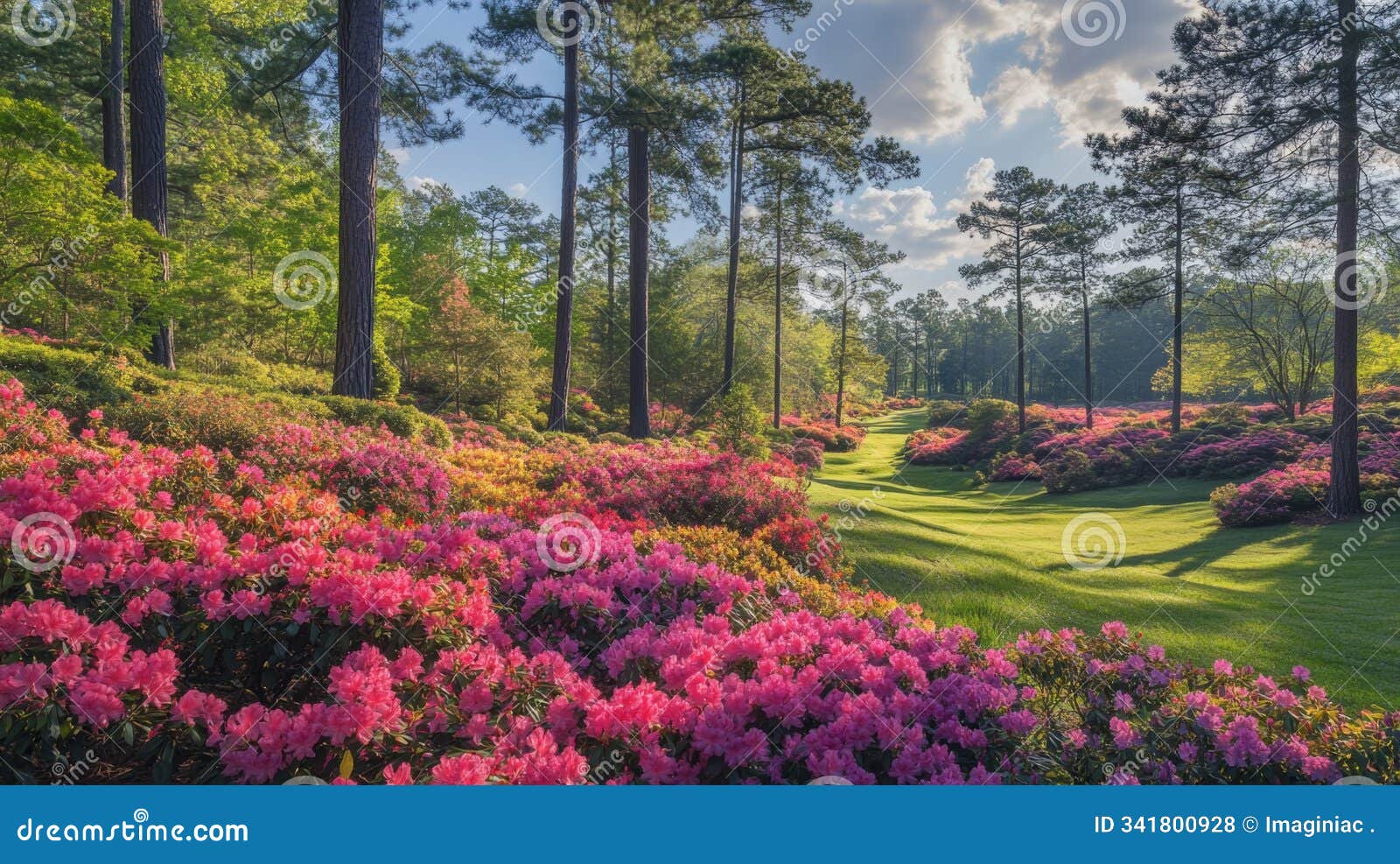 Lush Green Forest Path Lined with Pink Azalea Blooms Stock Illustration ...