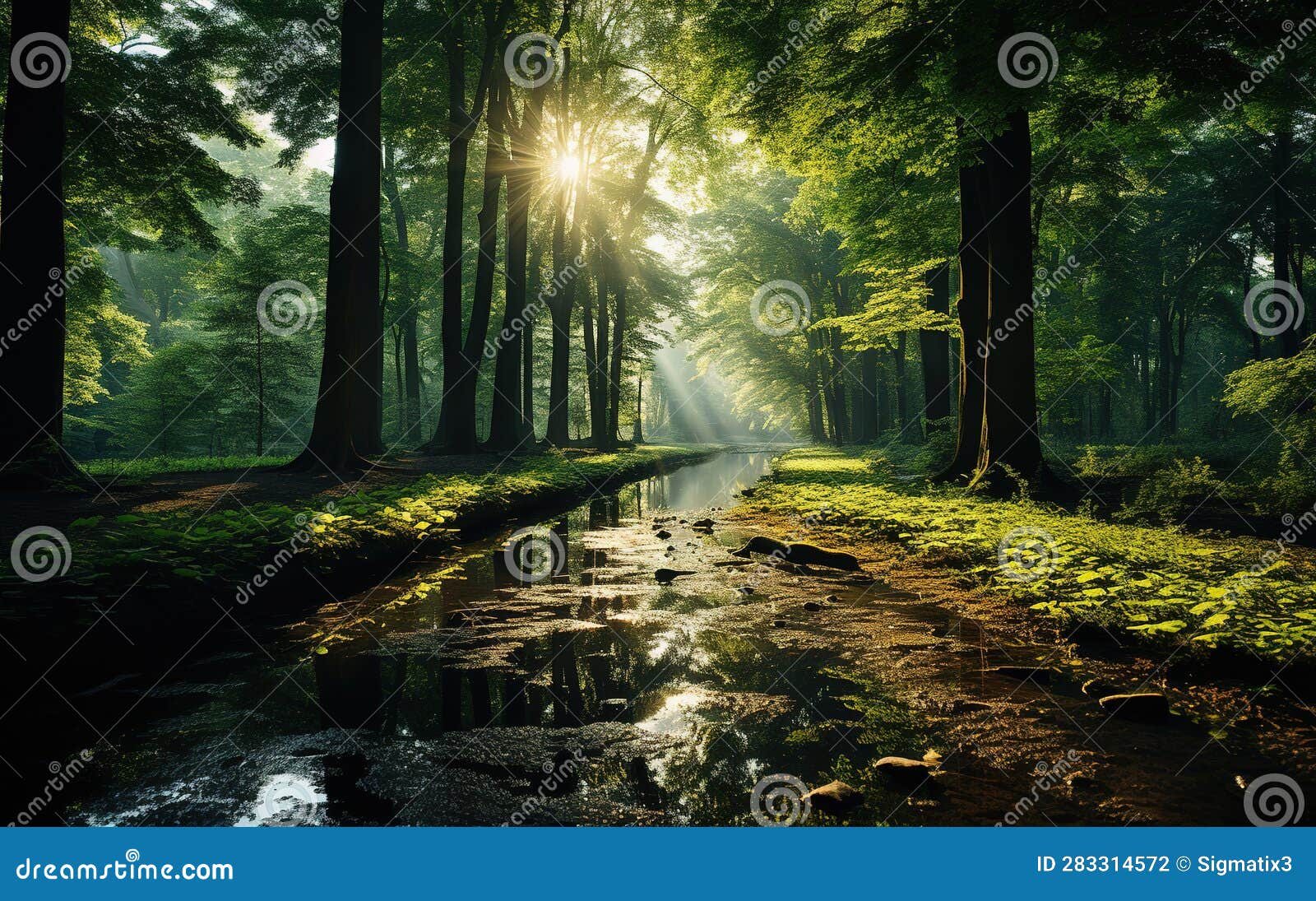 Lush Green Forest with Sun Rays and Water Stream Stock Illustration ...