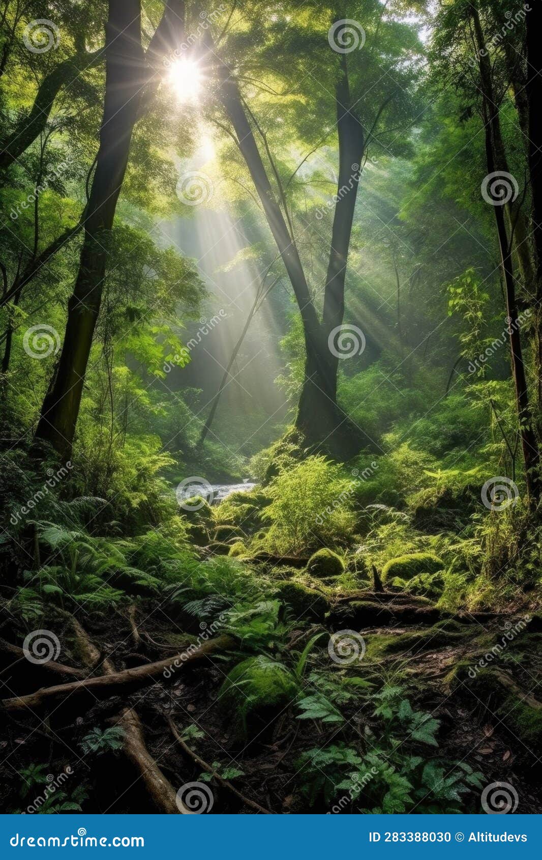 Lush Green Forest with Sun Rays Peeping through Stock Illustration - Illustration of trees ...