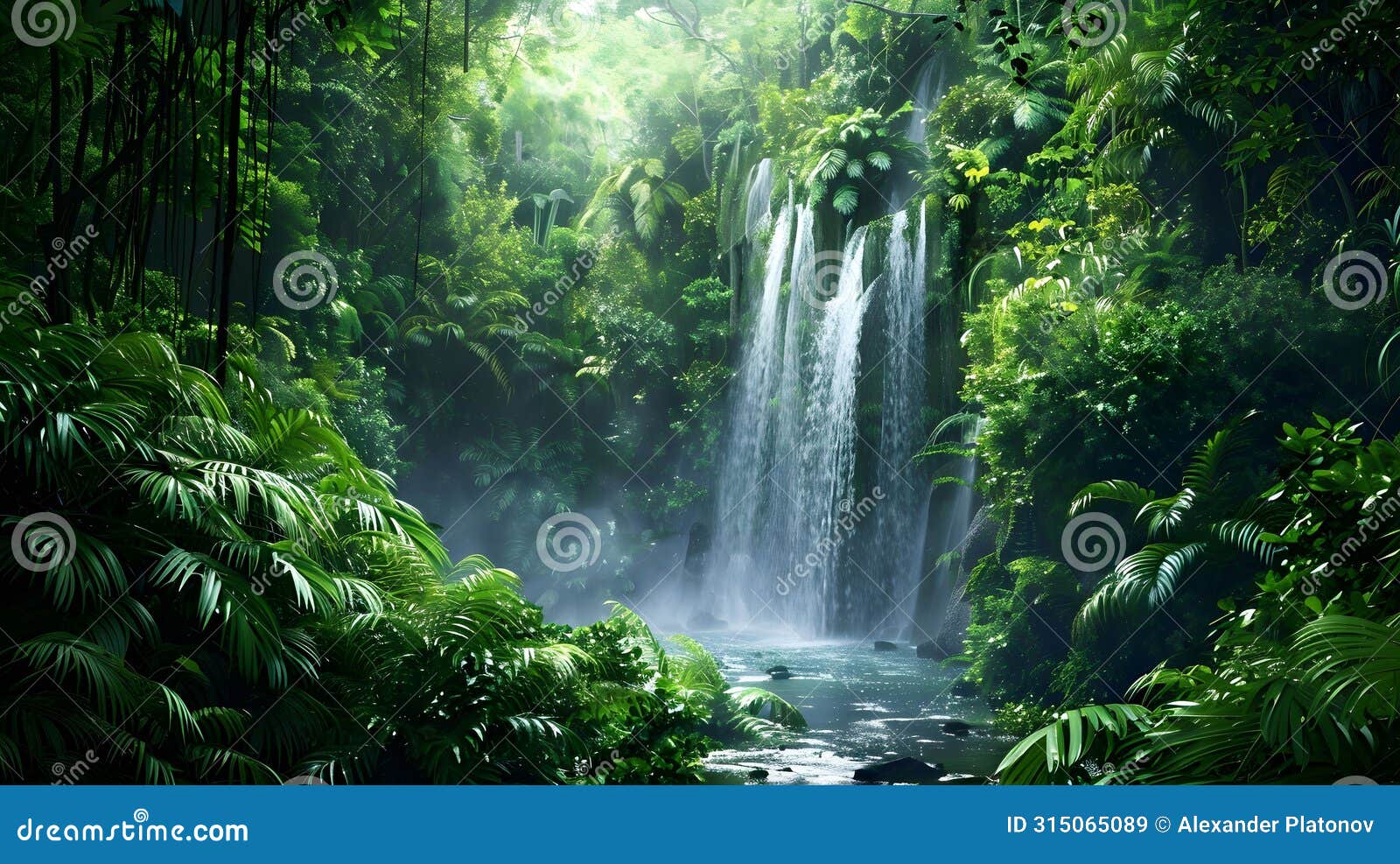 A Lush Green Forest with a Waterfall in the Background Stock ...