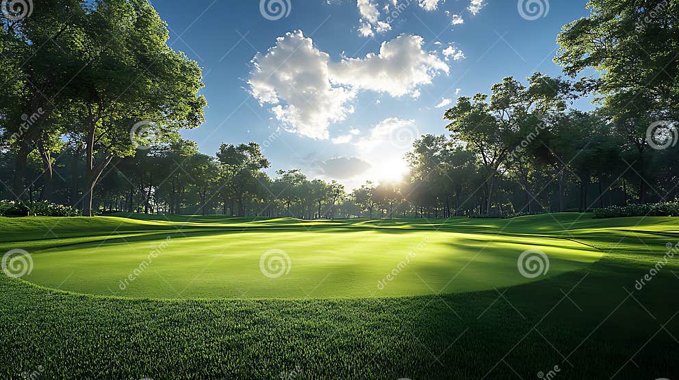 A Lush Green Golf Course with Trees and a Blue Sky in the Background ...