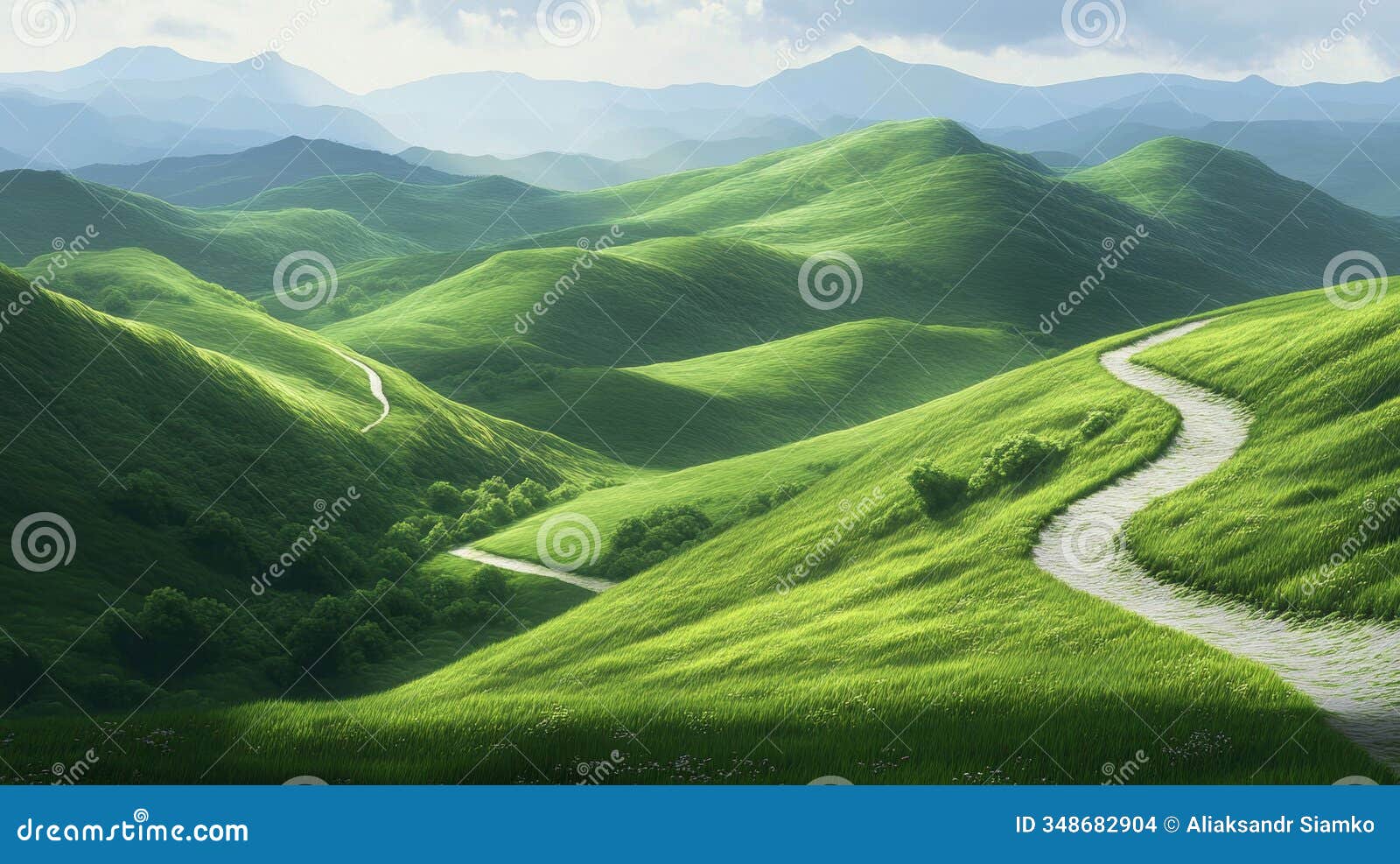Lush Green Hills with Winding Paths in a Peaceful Landscape Stock ...