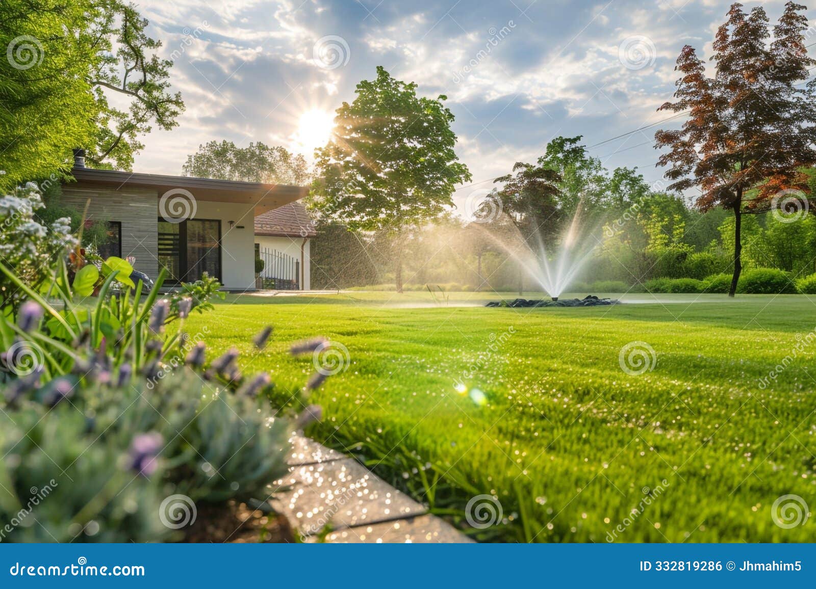 A Lush Green Lawn Being Watered by a Modern Efficient Sprinkler System ...