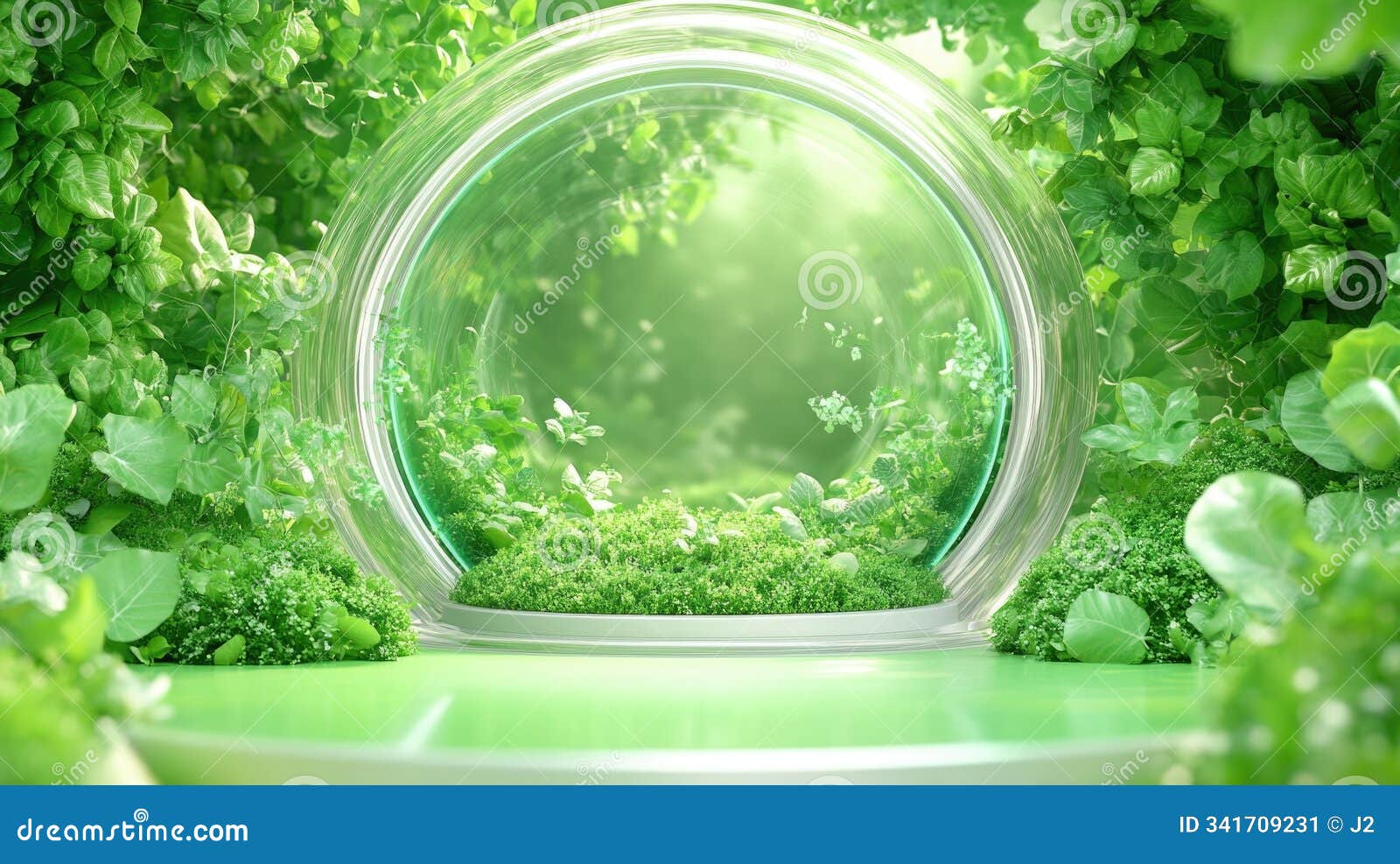 Lush Green Nature Diorama with Glass Sphere in Vibrant Forest Setting ...