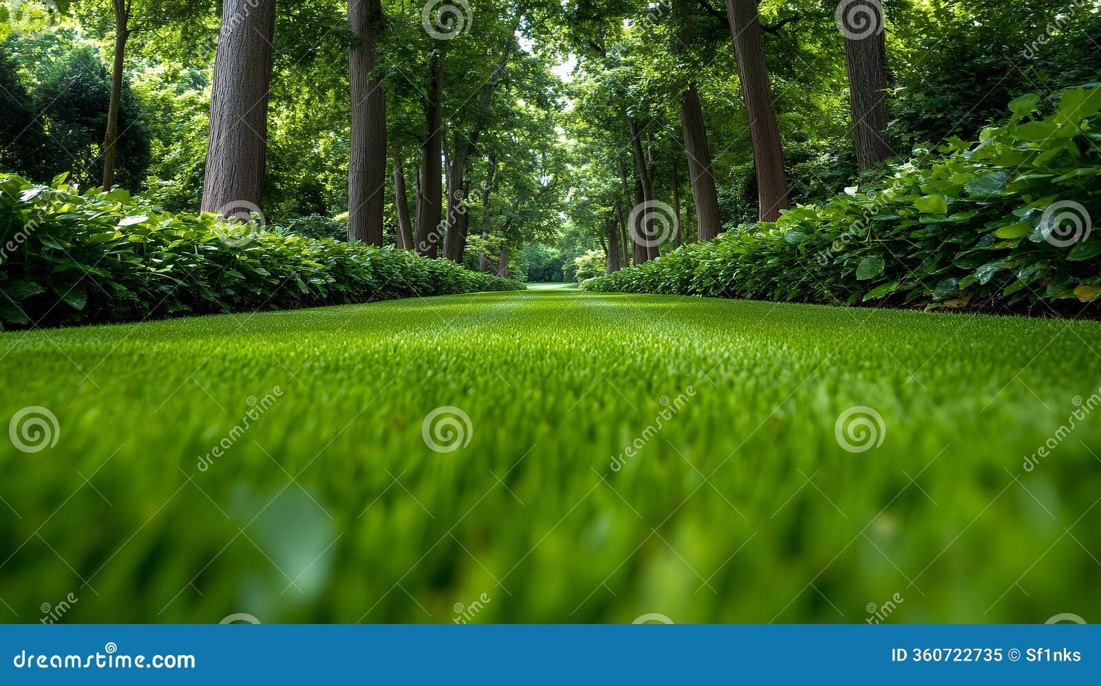 Lush Green Pathway Winds through a Tranquil Forest, Lined with Vibrant Foliage and Tall Trees ...