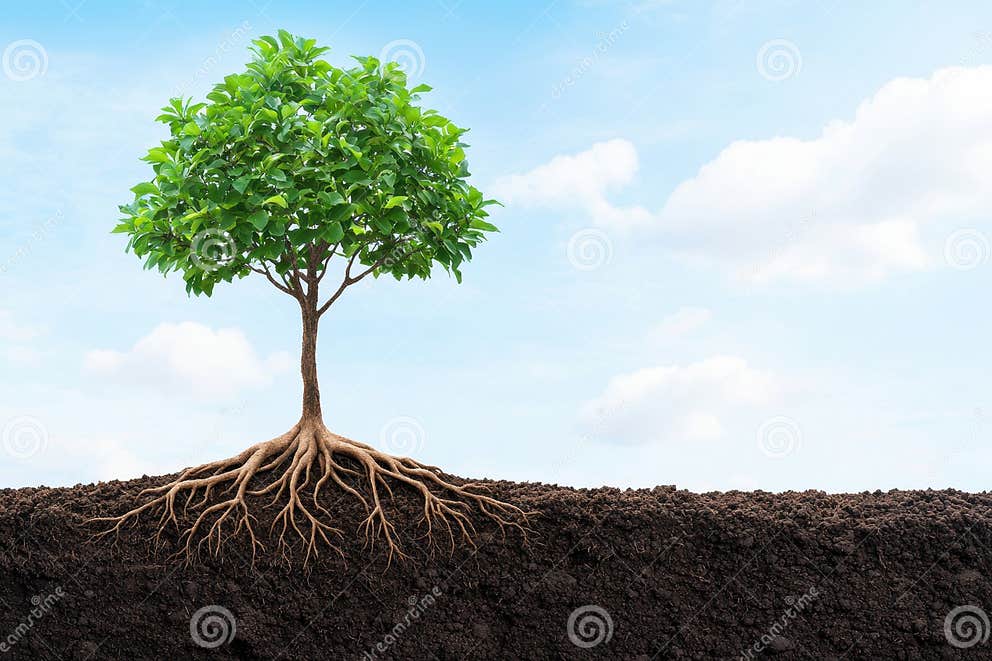 Lush Green Tree with Deep Roots in Soil Stock Illustration ...