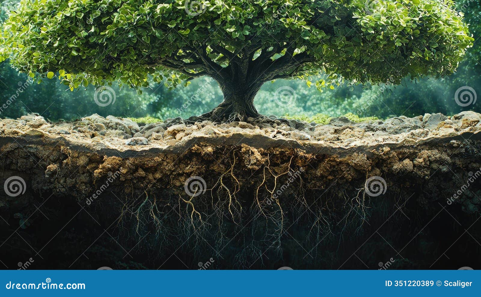 Lush Green Tree with Extensive Roots in Sunlit Forest Soil Stock ...