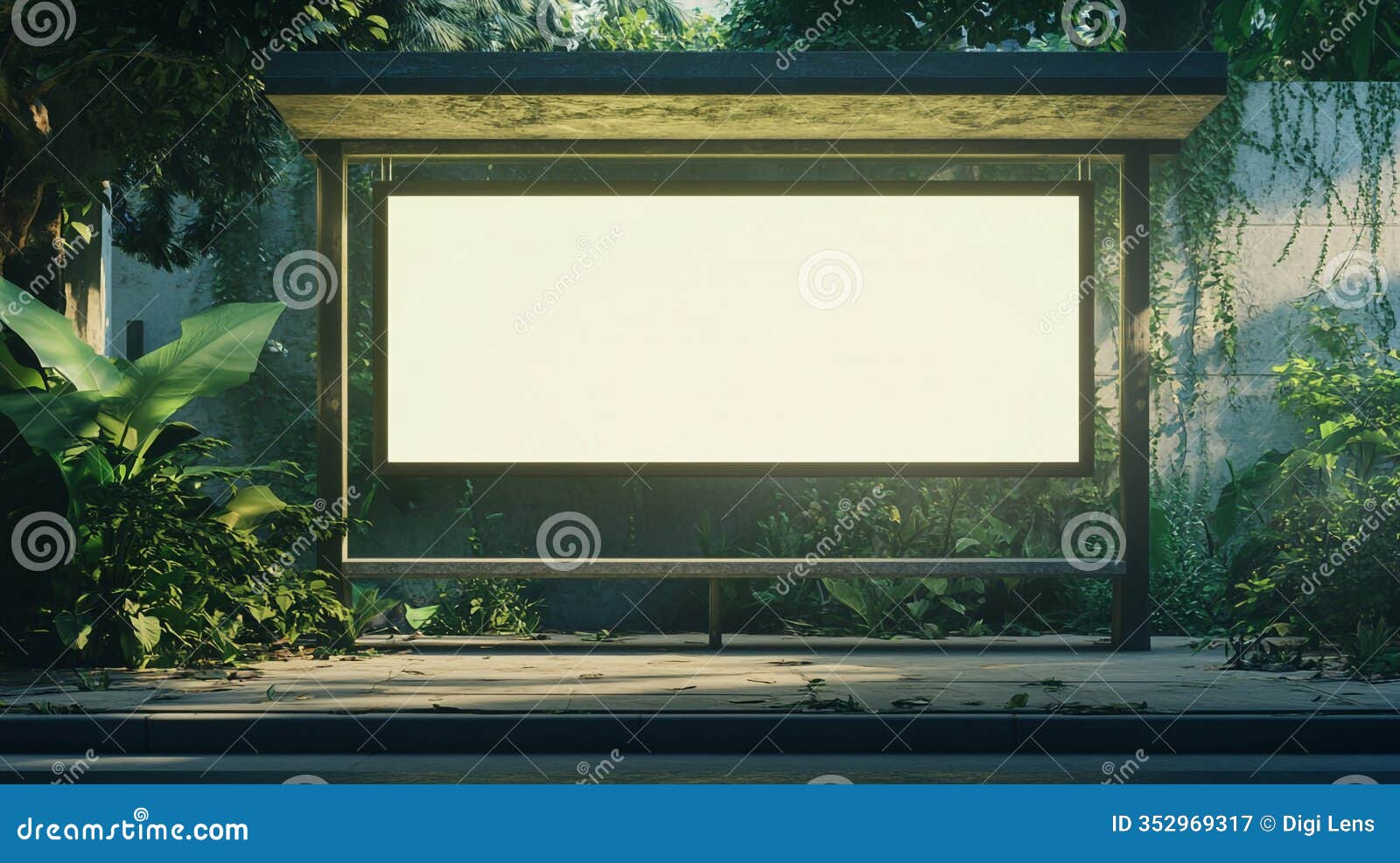 Lush Greenery Envelops Modern Bus Stop with Blank Billboard ...