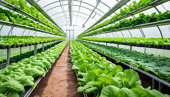 Lush Greenhouse Filled with Rows of Vibrant Lettuce and Kale Plants ... Lush Greenhouse Filled with Rows of Vibrant Lettuce and Kale Plants ...