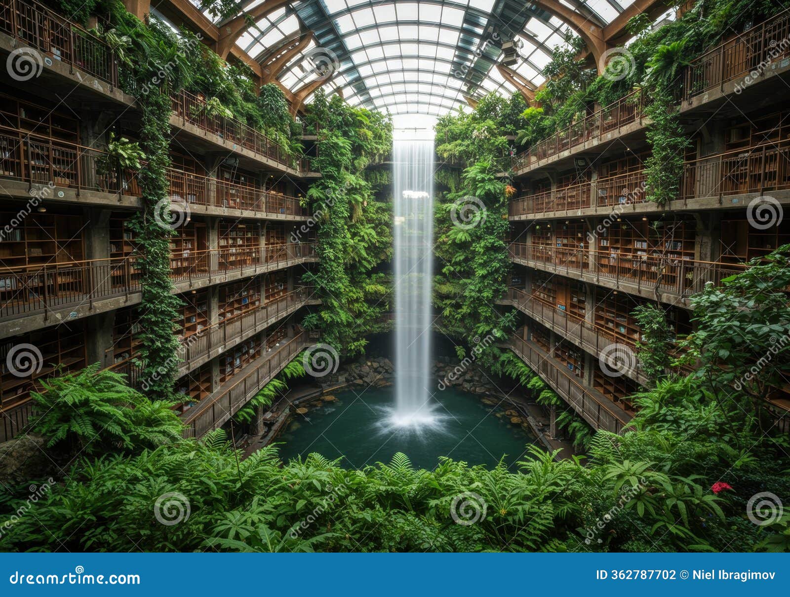 Lush Indoor Waterfall in Modern Atrium Garden with Natural Light and ...