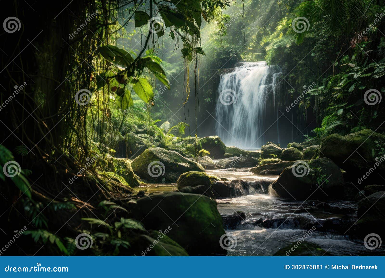 Lush Jungle Waterfall with Sunlight and Greenery Stock Illustration ...