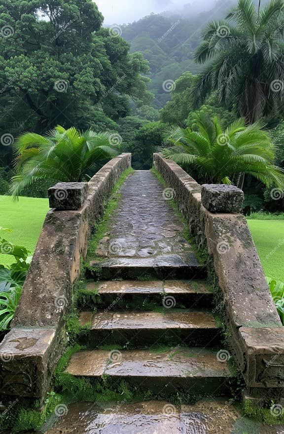 Lush Tropical Garden Path with Stone Bridge Stock Illustration ...