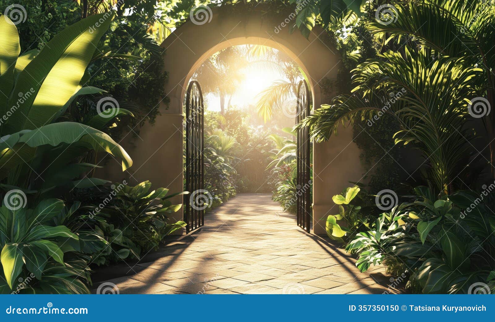Lush Tropical Garden Pathway with Sunlight Streaming through Arched ...