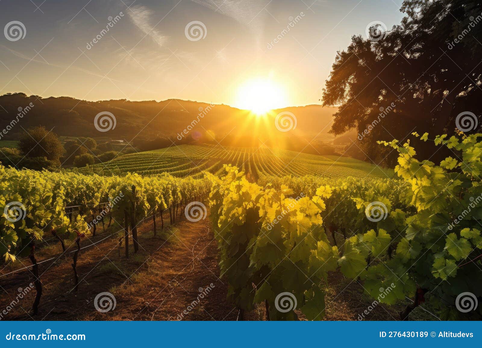 Lush Vineyard in the Sunrise, with Rays of Light Dancing on the Vines ...