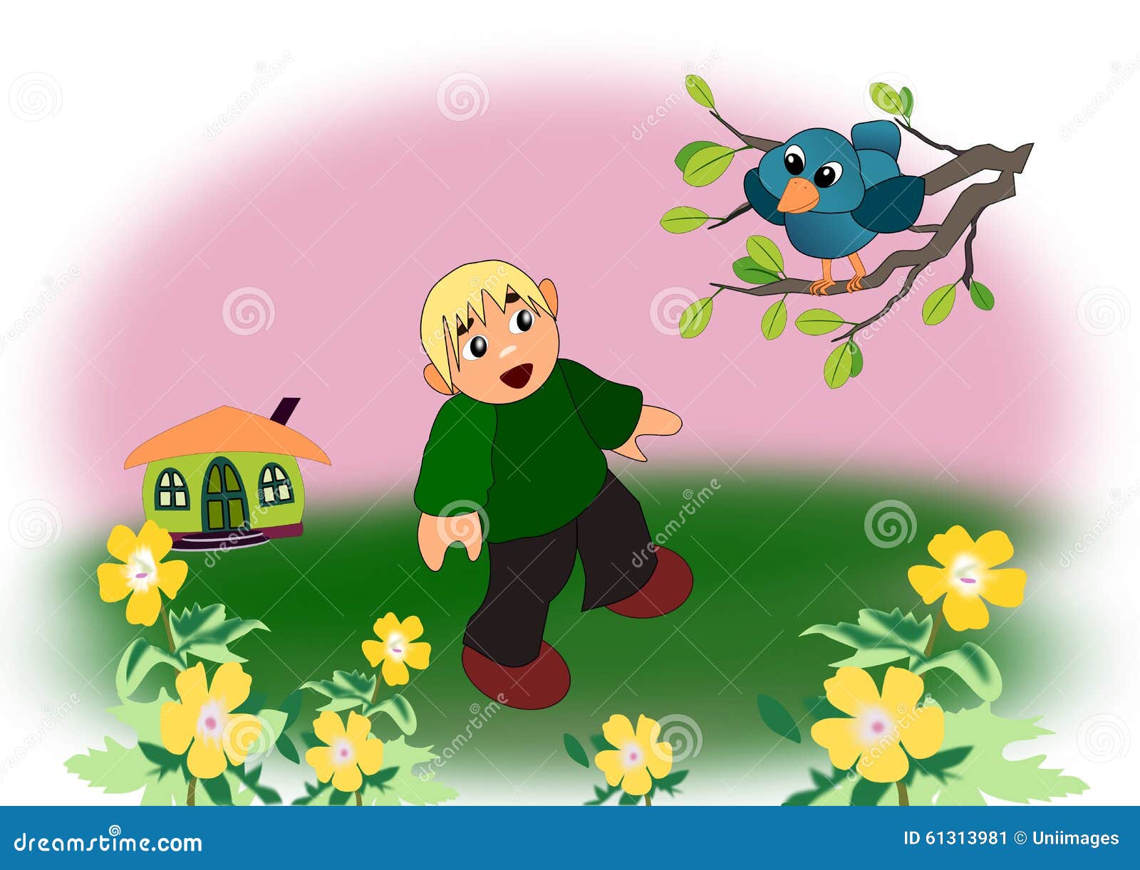 Lustiger Junge und Vogel stock abbildung. Illustration von kind - 61313981