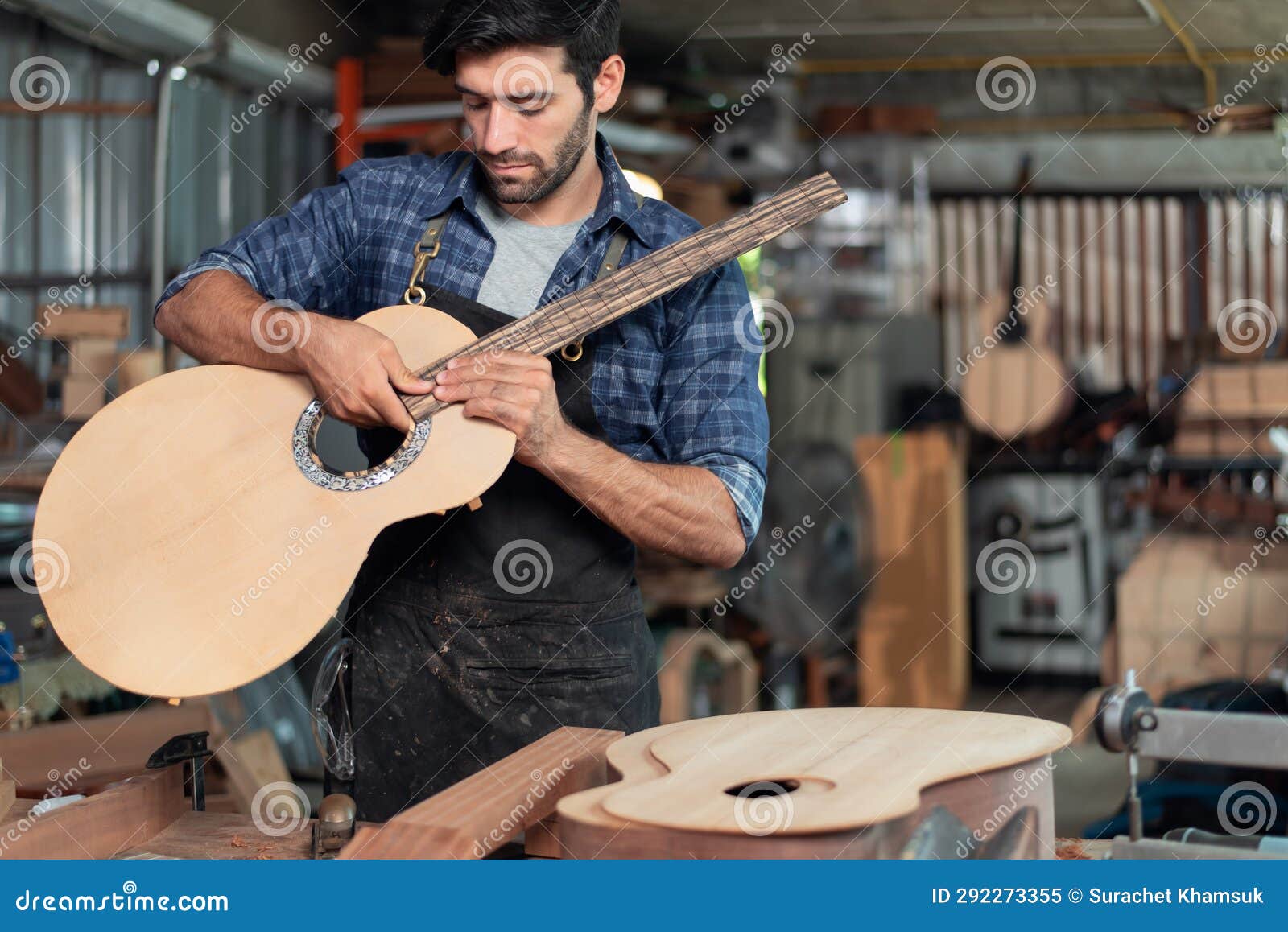 Luthier Making Wooden Musical and Using Traditional Tools in Workroom ...