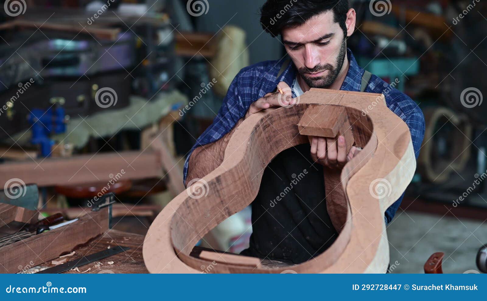 Luthier Making Wooden Musical and Using Traditional Tools in Workroom ...
