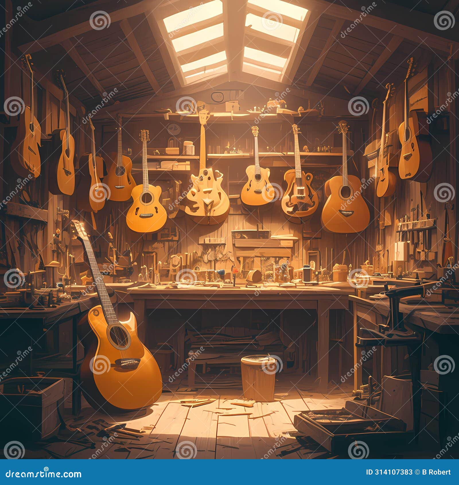 Luthier S Workshop: Crafted Guitars & Tools Stock Illustration ...