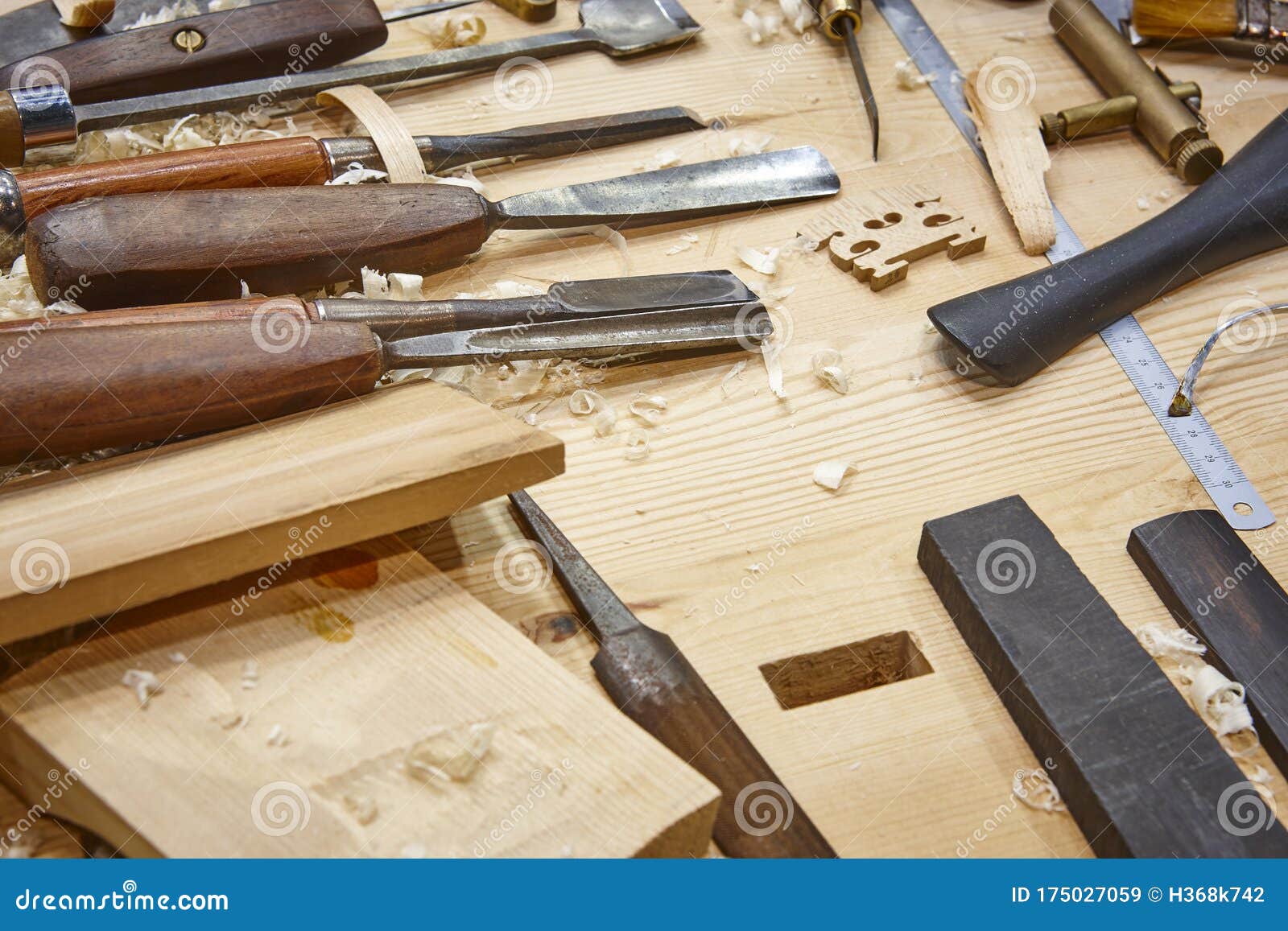 Luthier Workshop with Violin Parts and Tools. Traditional Craftmanship ...