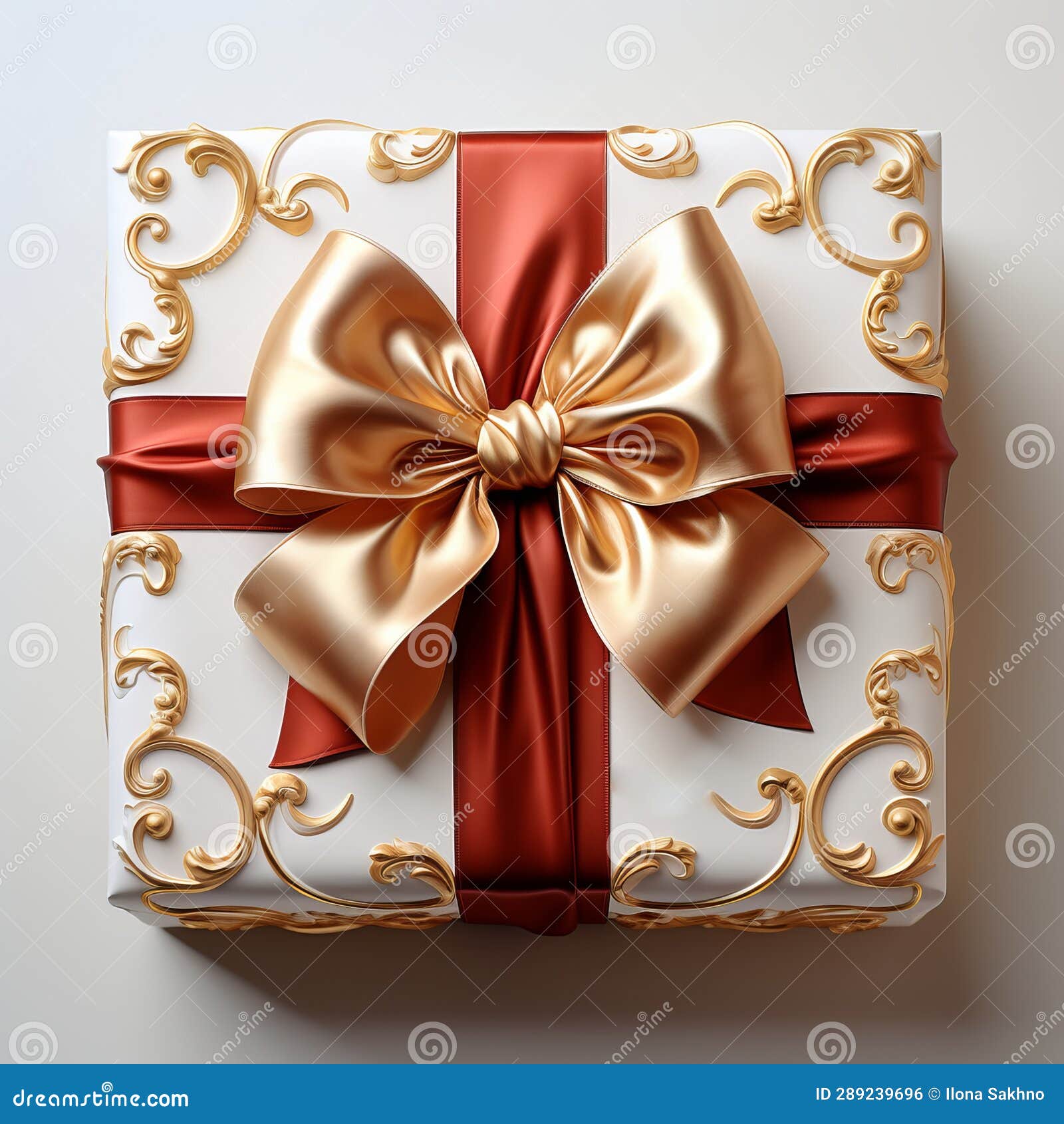 Luxary Gift Box with Golden Bow - Top View - on White Background Stock ...