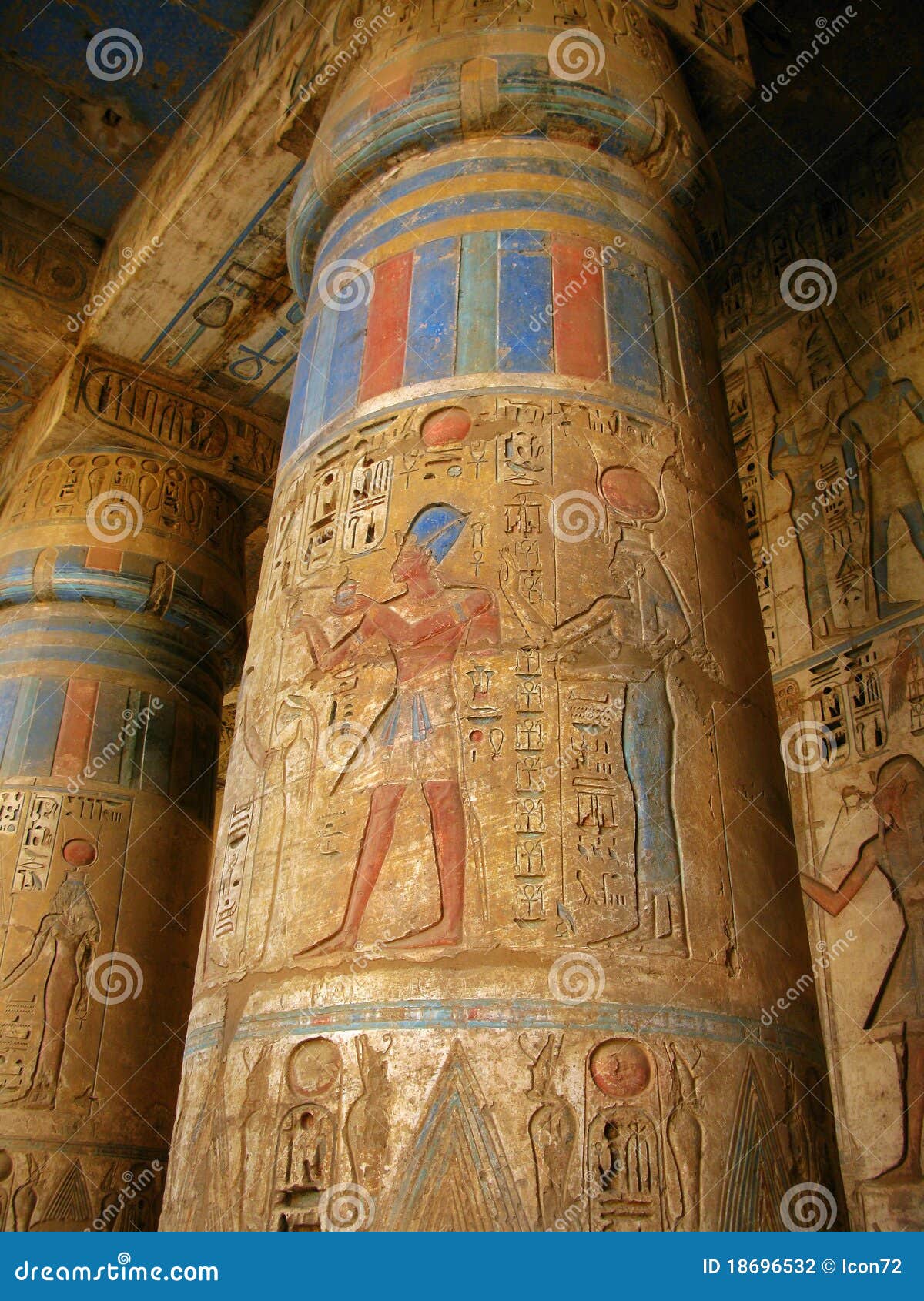 Luxor: Columns with Pharaoh Carvings, Medinet Habu Stock Photo - Image ...