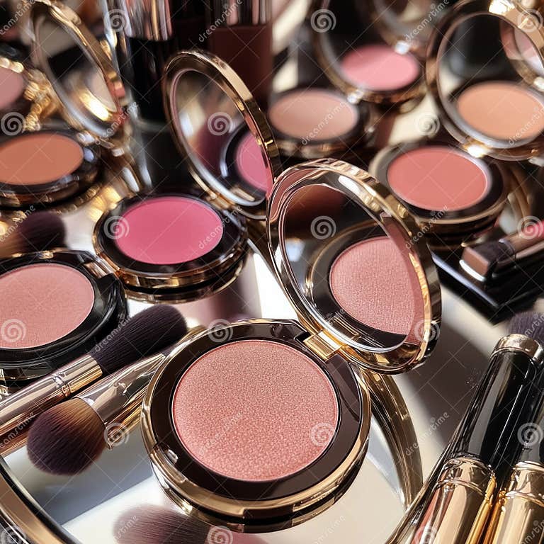 Luxurious Array of Makeup Compacts and Brushes with Shimmery Powders ...