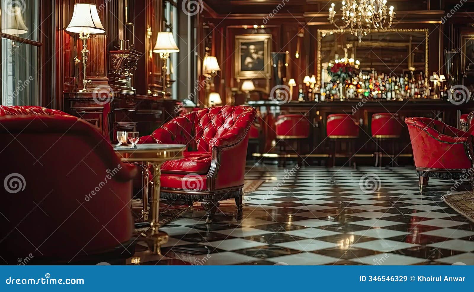 Luxurious Bar Interior with Red Leather Seating and a Black and White ...