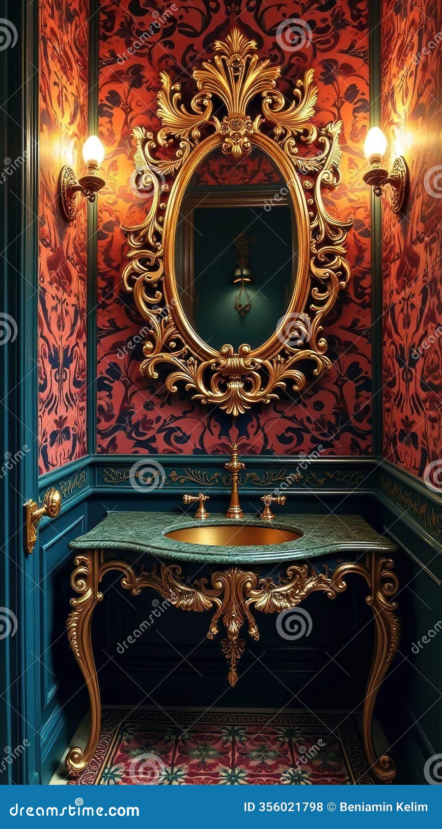 Luxurious Baroque Style Bathroom with Ornate Gold Mirror and Lavish ...
