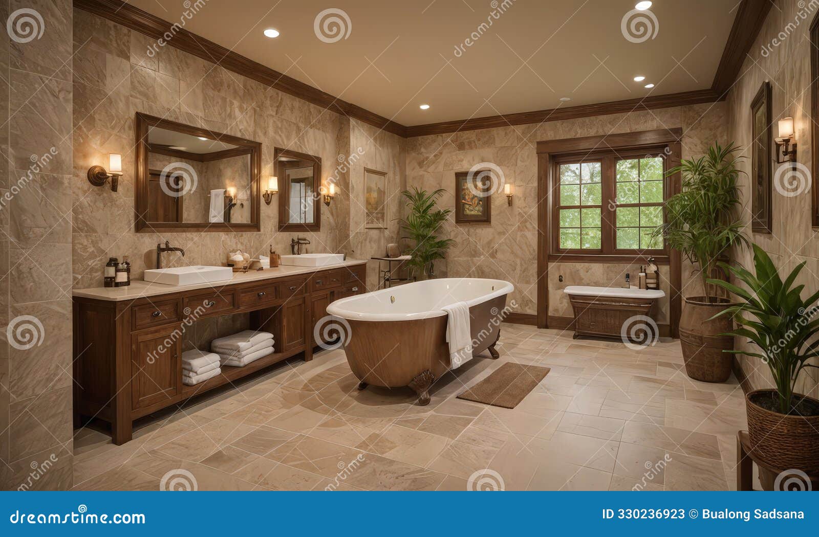 Luxurious Bathroom Features Freestanding Bathtub, Double Vanity with ...